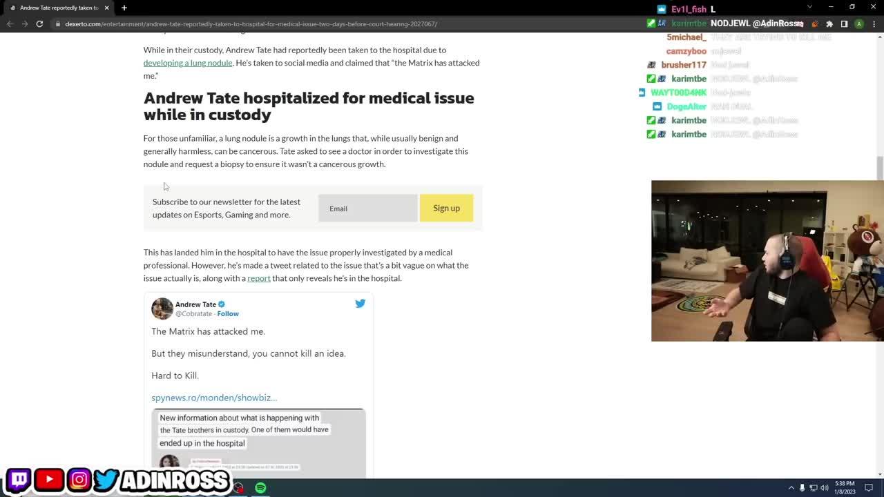 Adin Ross reacts to Andrew Tate going to the - One News Page VIDEO